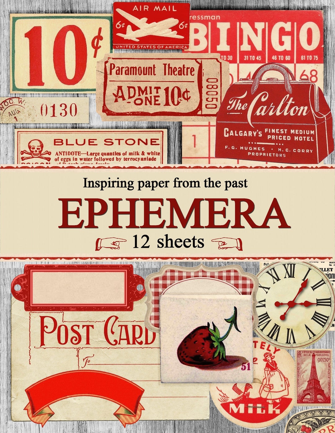 Red Ephemera Pack Instant Download, Printable, Digital Collage Diary ...