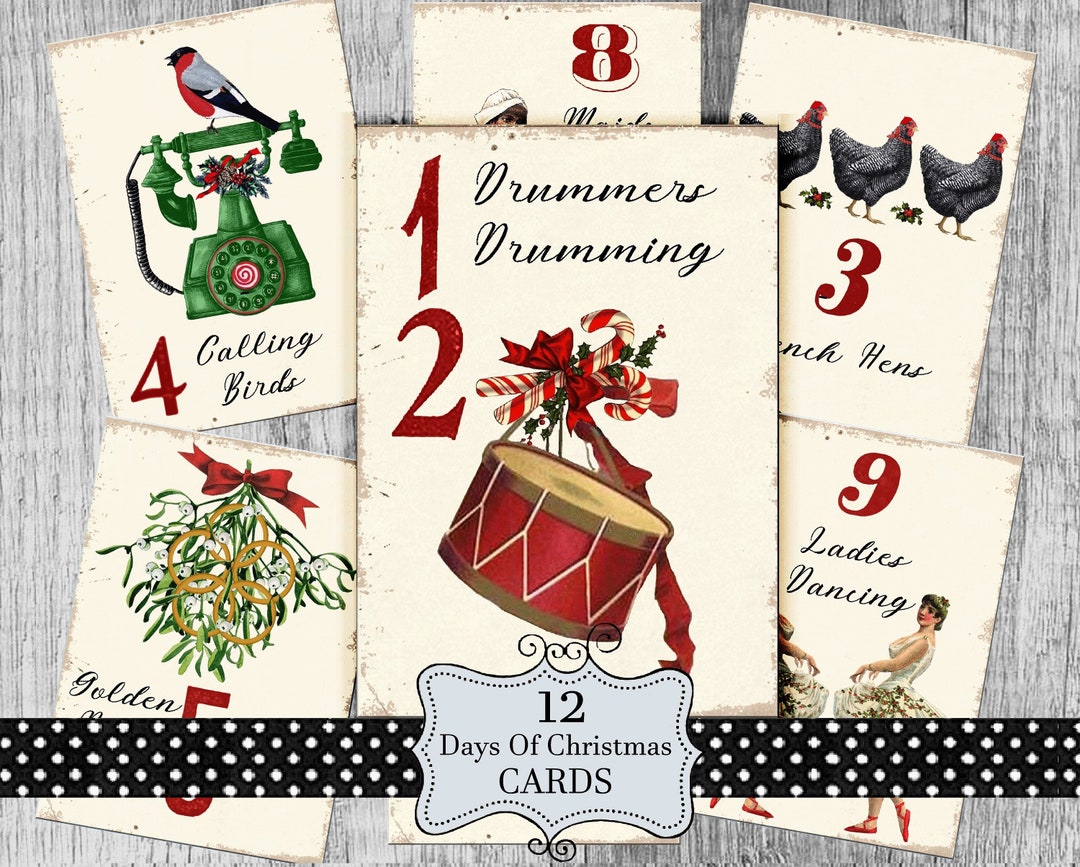 Twelve Days of Christmas Printable Cards, Retro Christmas Downloads ...