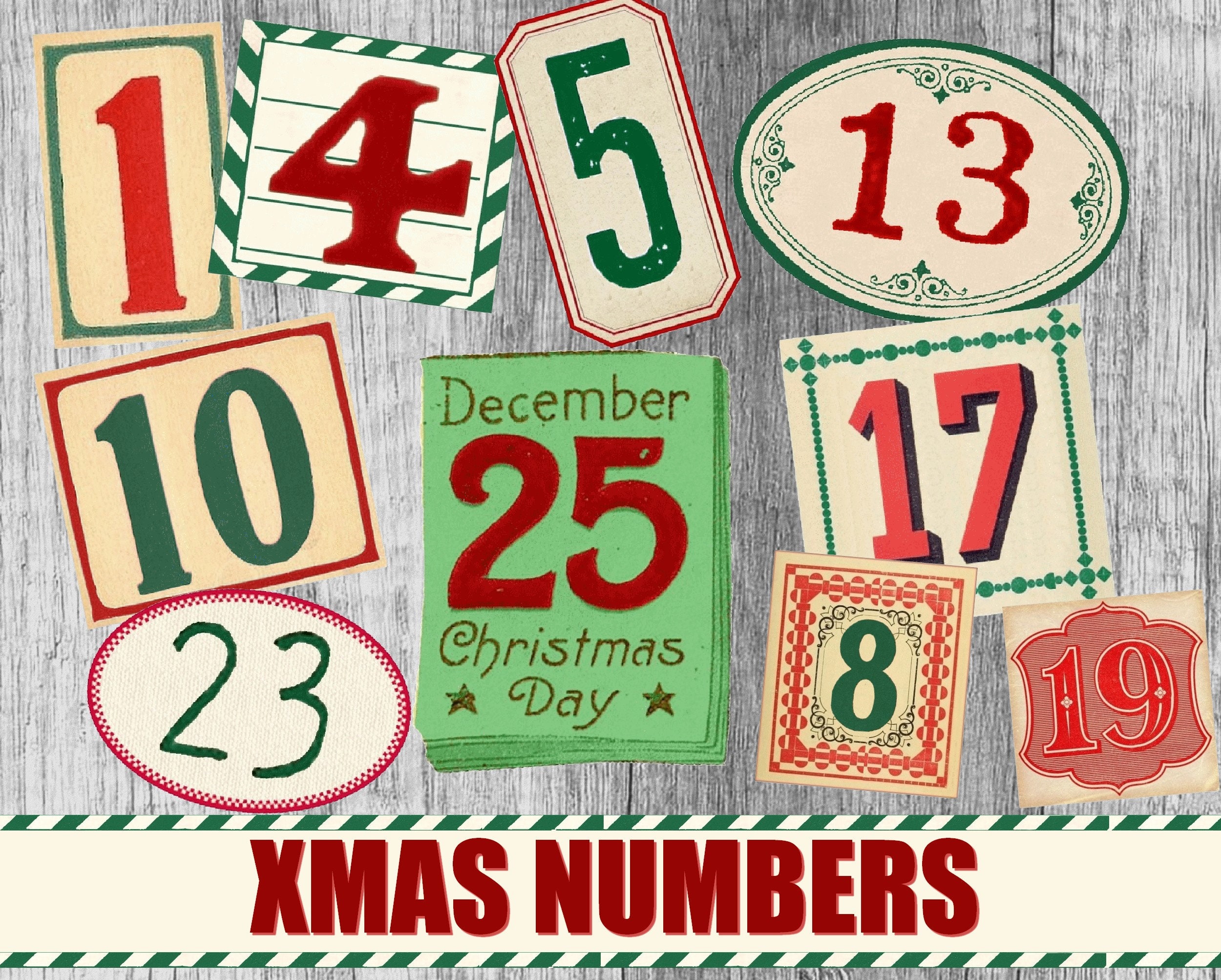 Vintage Christmas Number and Words Labels, Junk Journal, Tags, Random ...