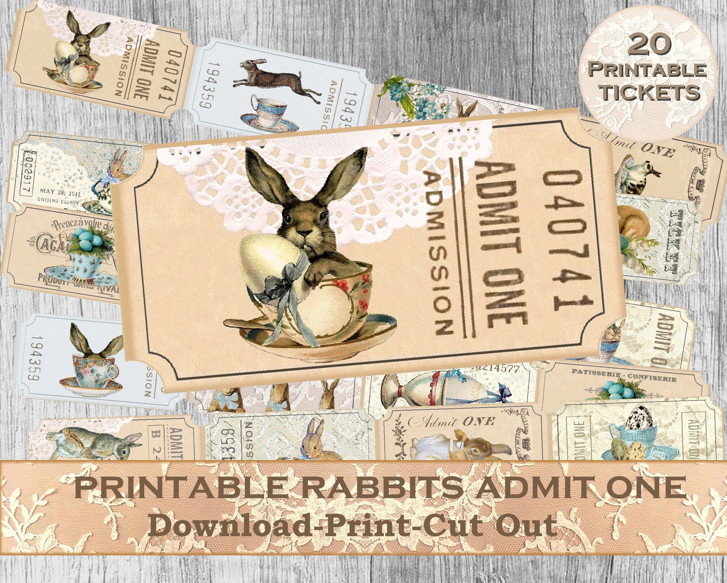 Rabbits Admit One Tickets Bunny Ephemera for Scrapbooking | Etsy