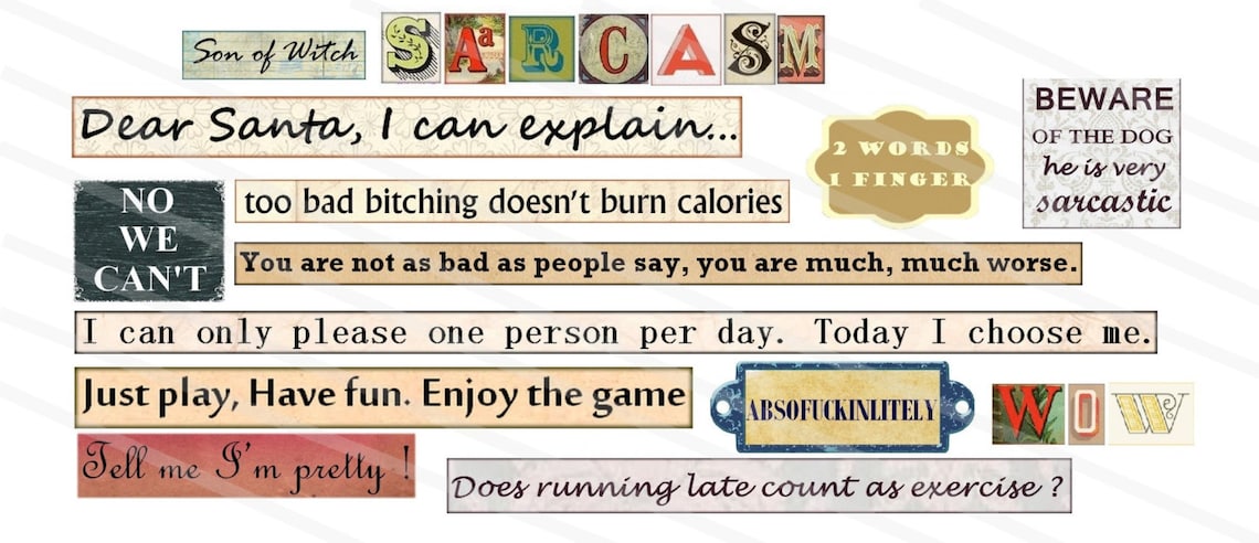 Digital Collage Sheet Phrases, Sarcastic Quotes, Sracastic Sentence ...
