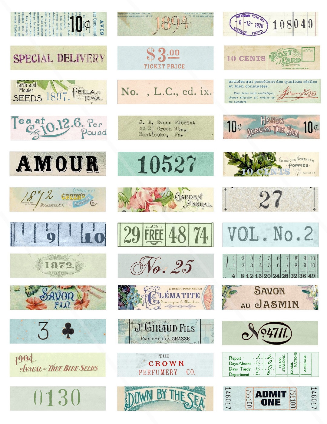 Vintage Number Labels Printable, Junk Journal, Tags, Random Numbers ...