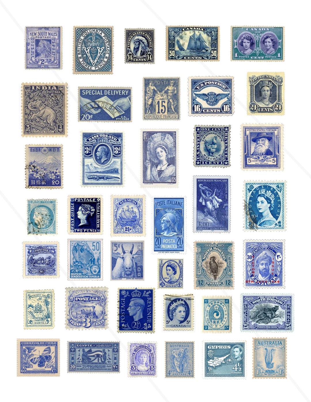 Vintage BLUE Postage Stamps, Printable Old Postage Stamps Ephemera ...