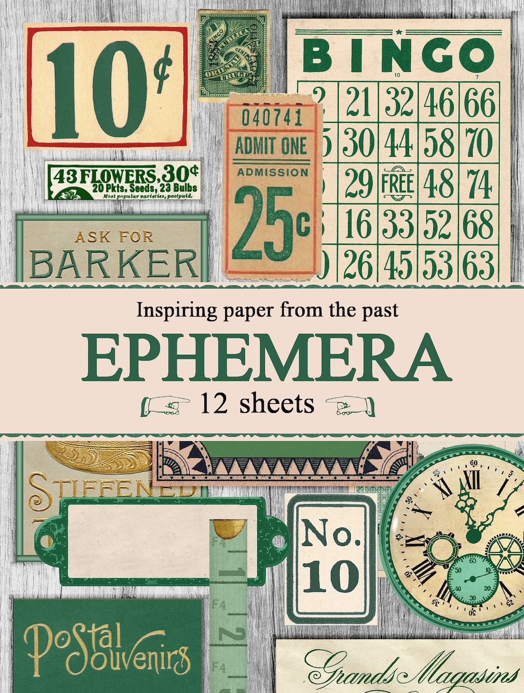 Green Ephemera Pack Instant Download, Printable, Digital Collage, Diary ...