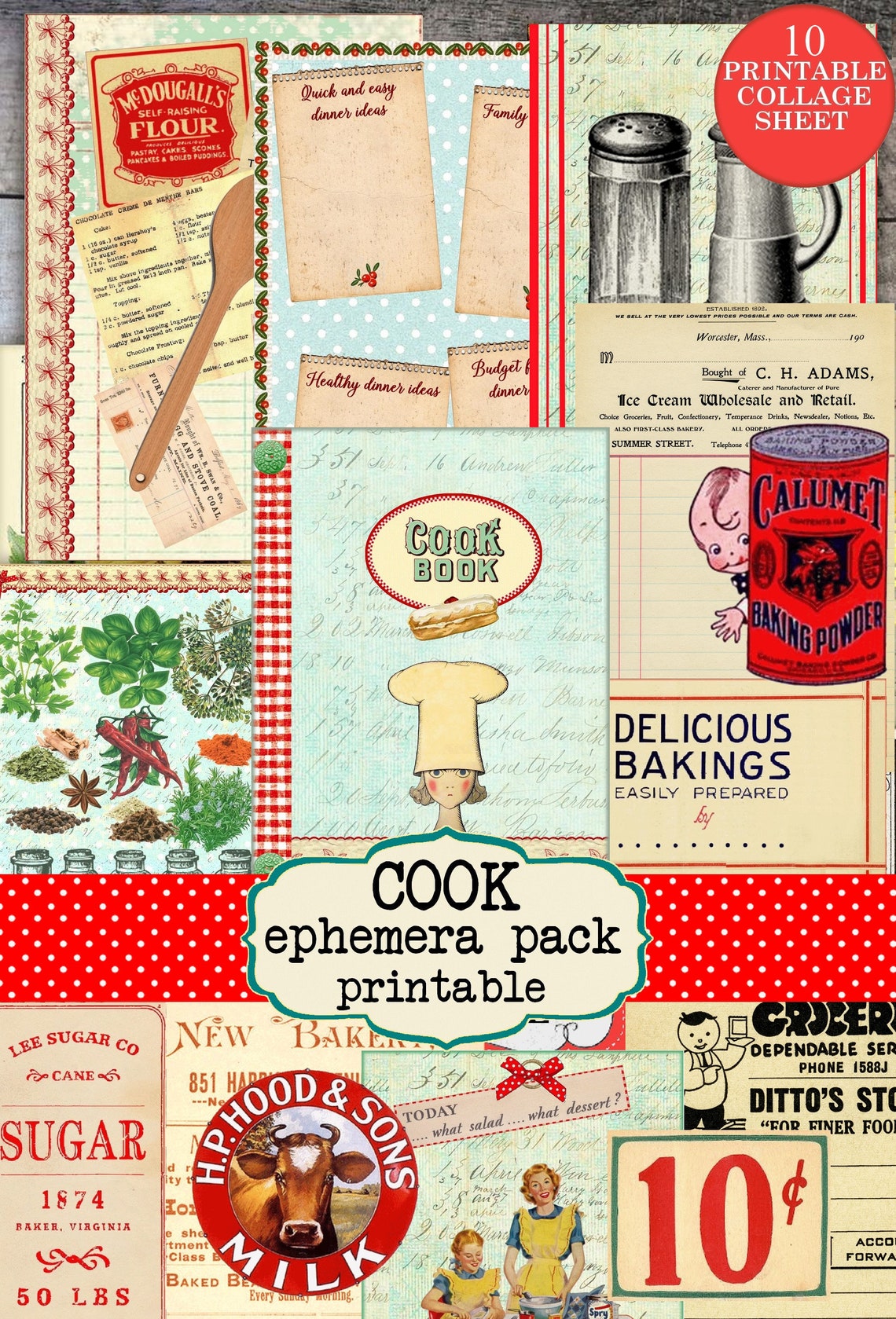 Retro Cook Ephemera Pack - Vintage Recipe Cards & Kitchen Printables ...
