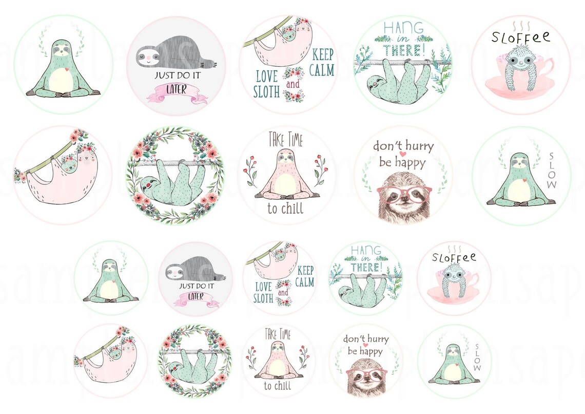 Sloth Digital Collage Sheet Circles 2 Inch and 1.5 Inch - Etsy