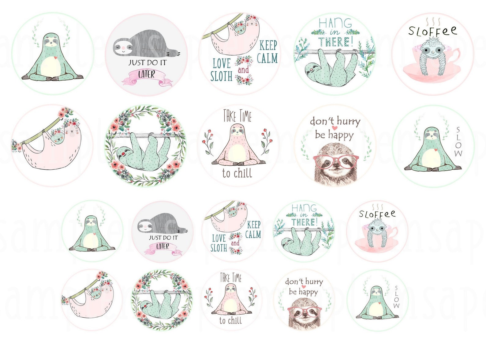 Sloth Digital Collage Sheet Circles 2 Inch and 1.5 Inch - Etsy