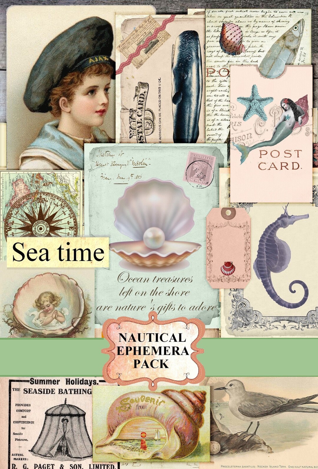 Junk Journal Ephemera, Nautical Ephemera Pack Sea seashell ephemera ...