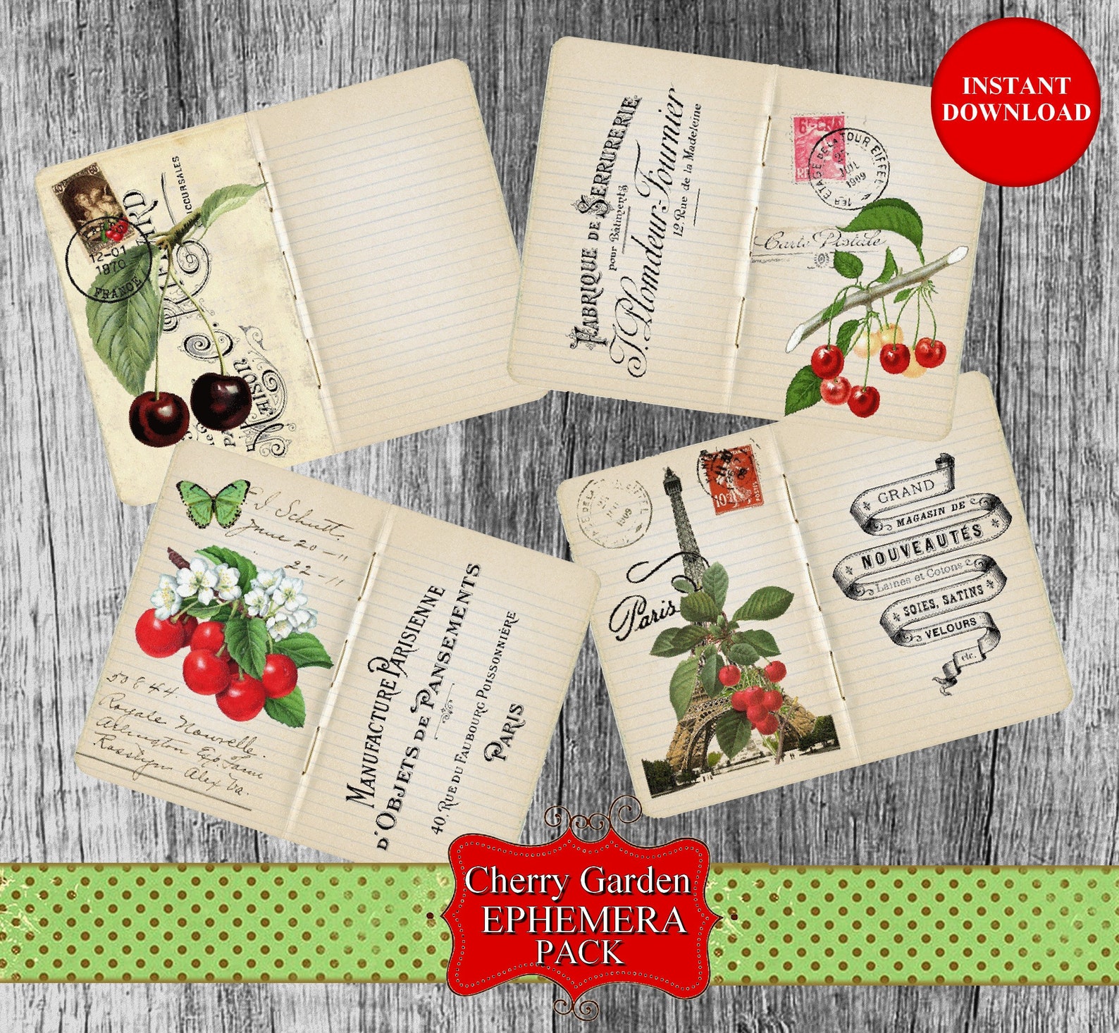 Cherry Junk Journal Ephemera Kit - Vintage Botanical Cherries, Summer ...