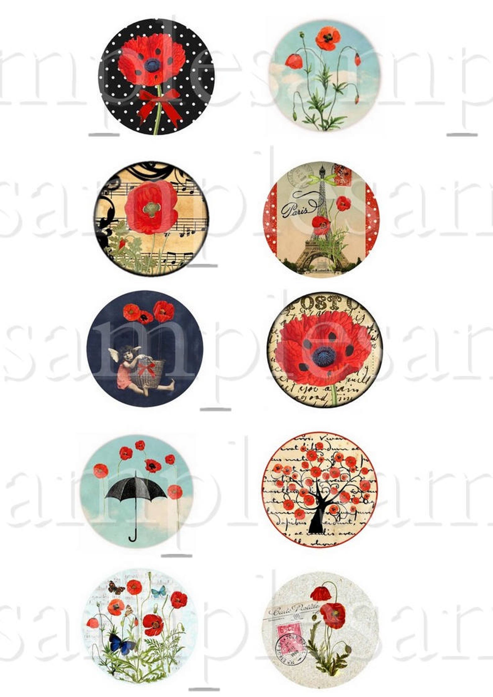 Digital Collage Sheet Circles Poppy Poppies 2 Inch Circles | Etsy