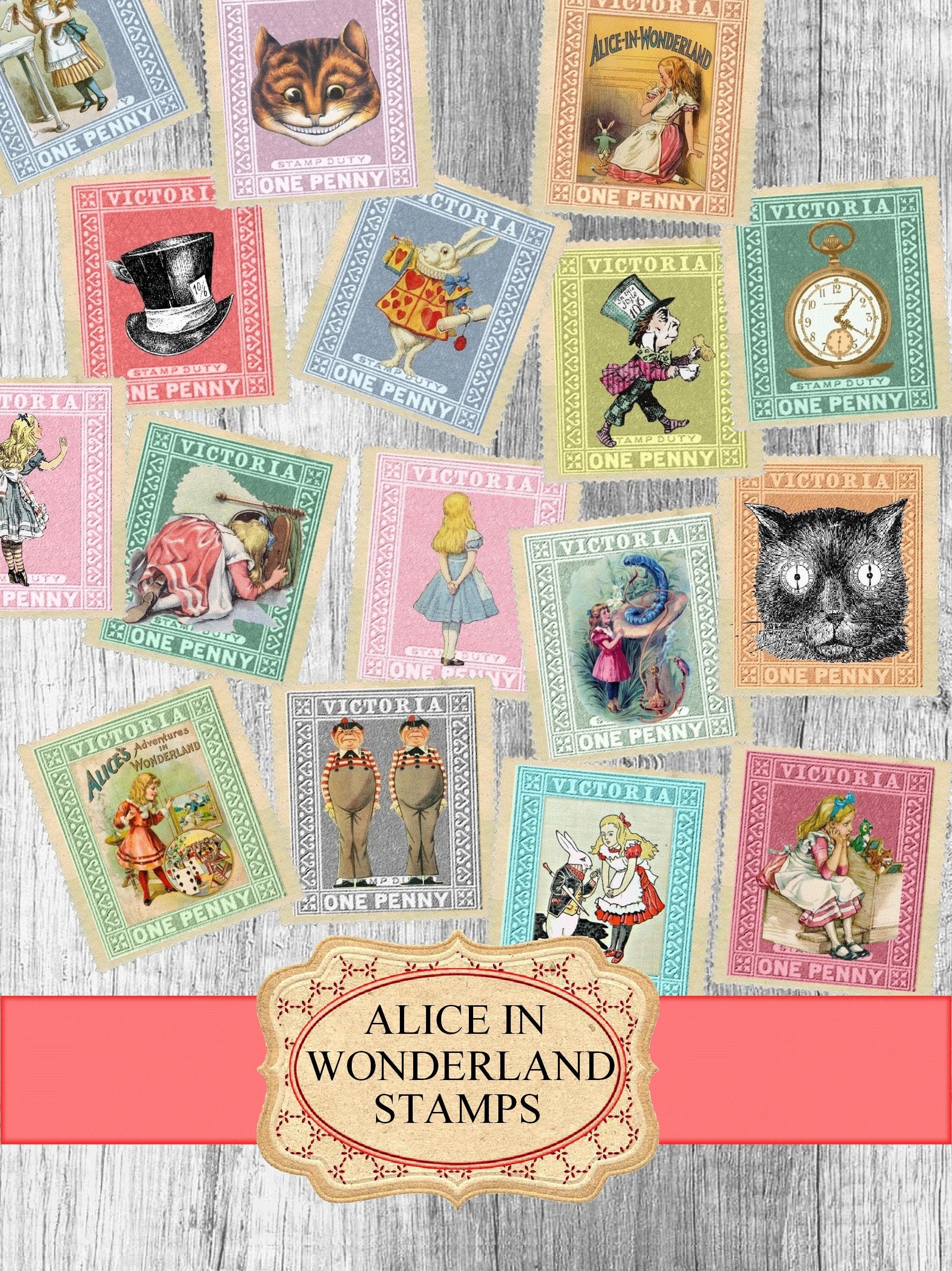 Printable Stamps Alice in Wonderland Ephemera, Junk Journal Supplies ...