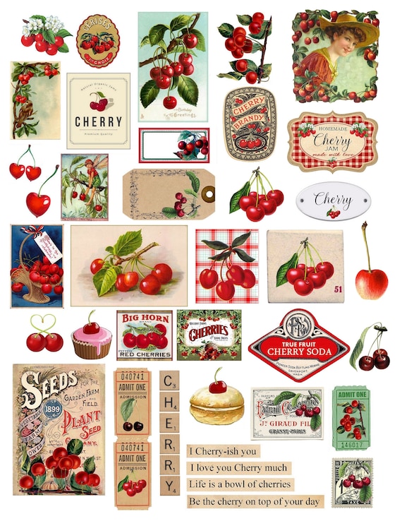Cherry Digital Collage Sheet Vintage Fruits Clip Artand - Etsy