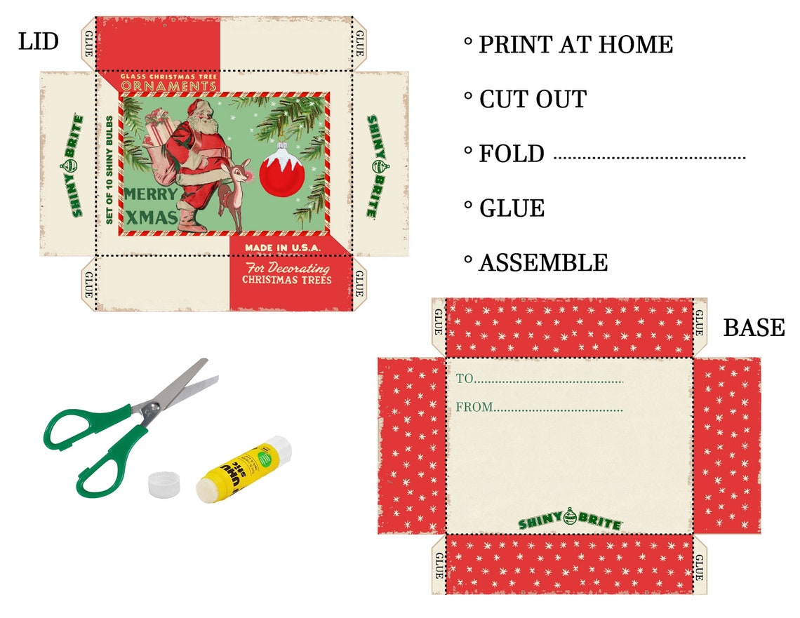 Printable Retro Christmas Ornament Box for Gifts, DIY Vintage Box ...