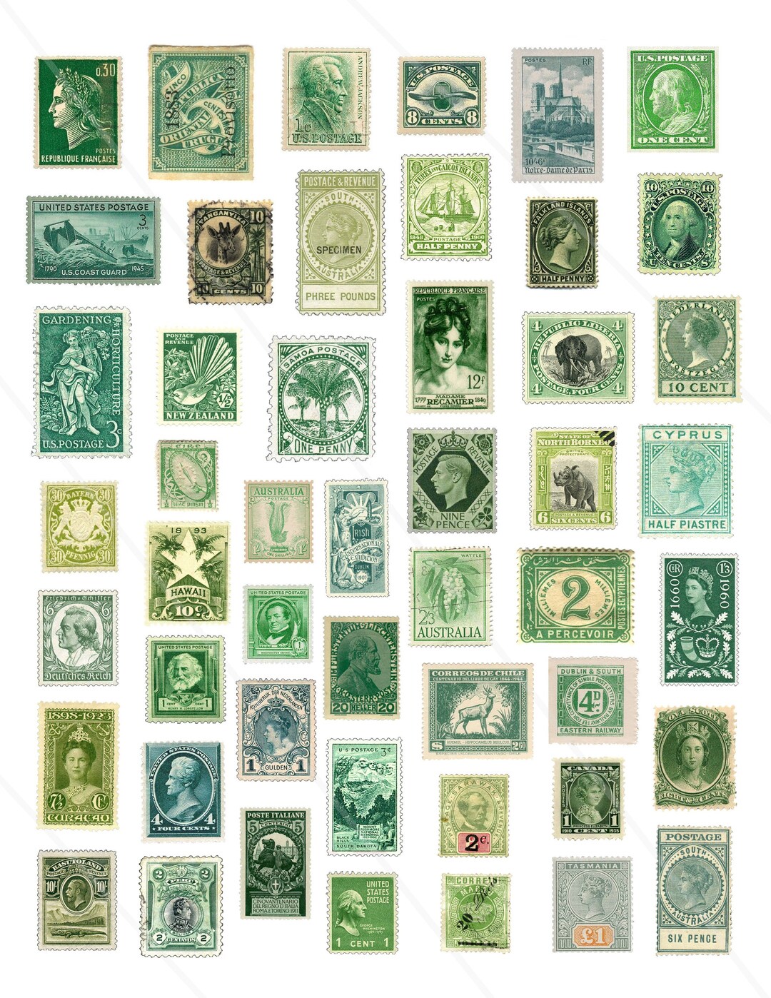 Vintage GREEN Postage Stamps Printable Old Postage Stamps Green ...