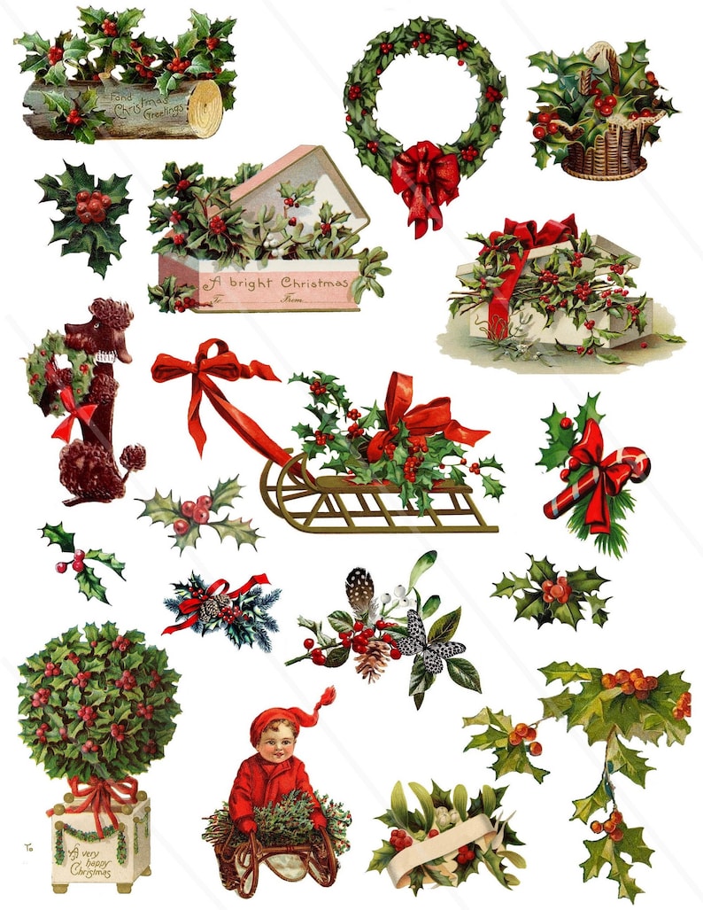 Christmas Holly Vintage Clip Art Digital Collage Sheet - Etsy