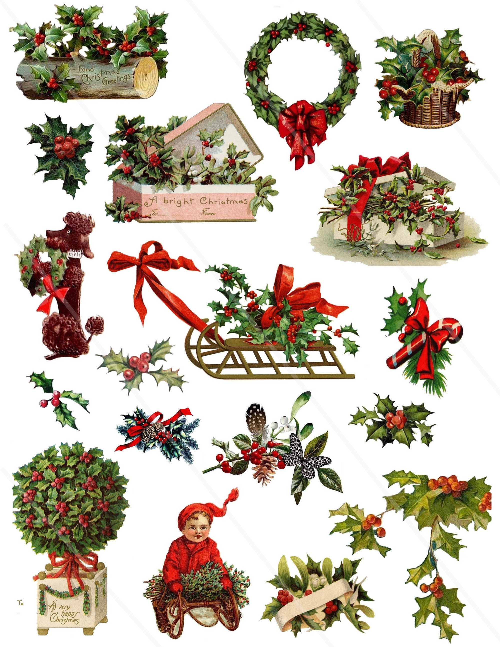 Christmas Holly Vintage Clip Art Digital Collage Sheet - Etsy