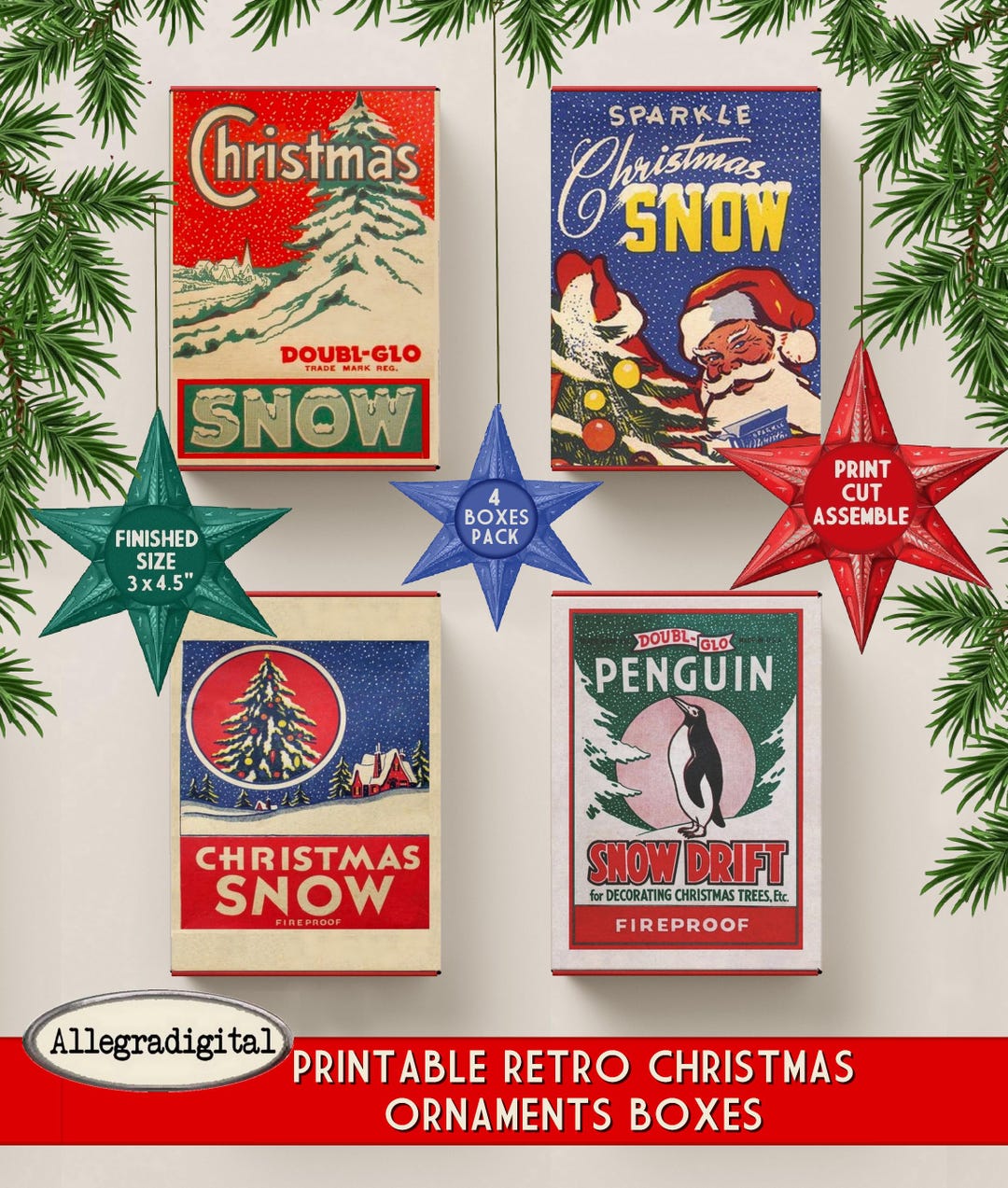 Printable Retro Christmas Ornament Box for Gifts, DIY Vintage Box ...