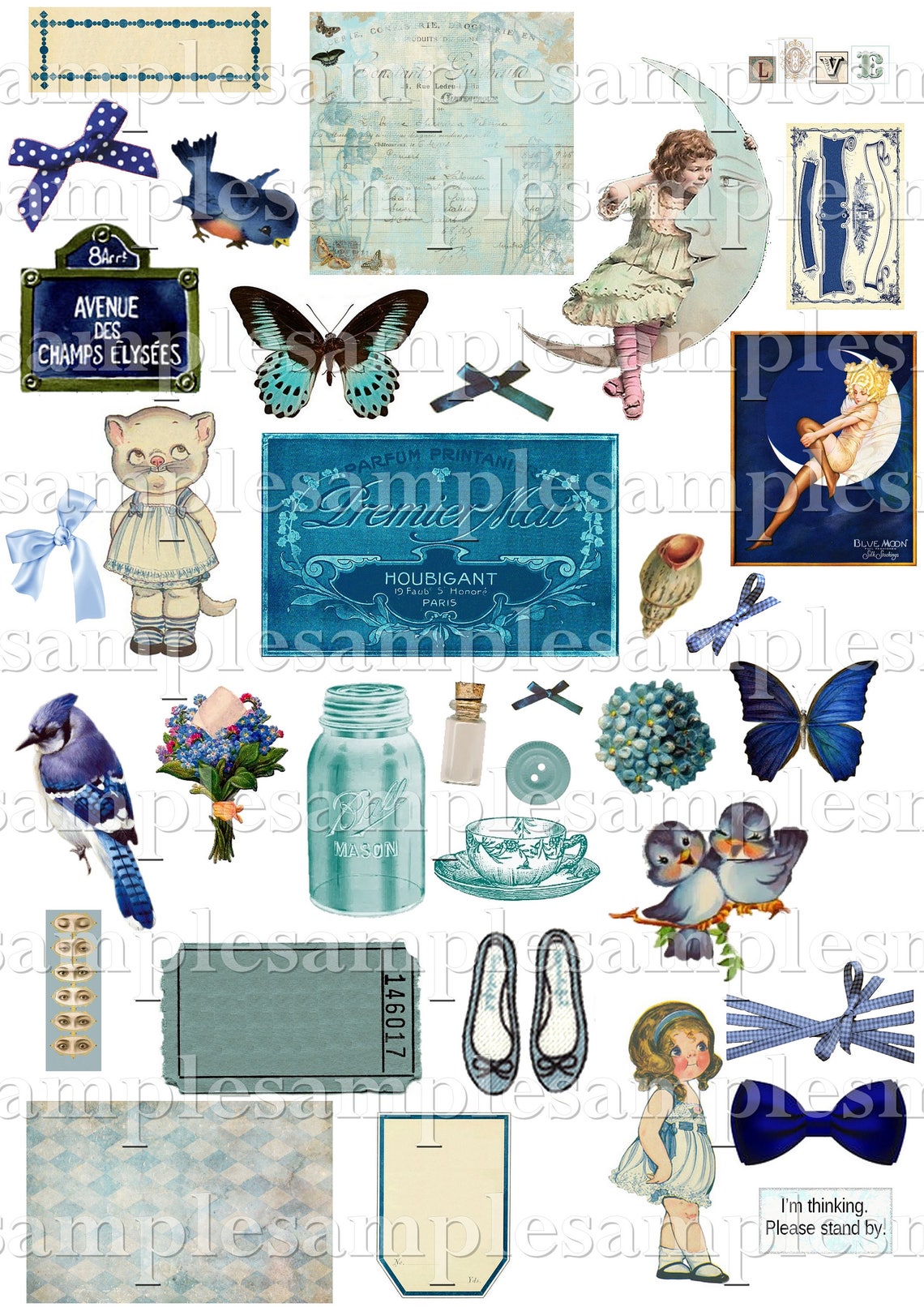Digital Collage Sheet Pretty in Blue Images Instant Download - Etsy