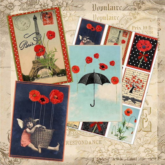 Vintage poppies digital collage sheet Greeting vintage poppy | Etsy