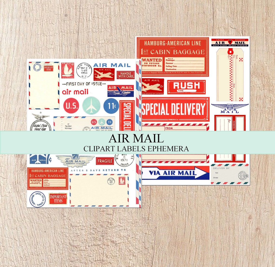 Vintage Air Mail Tags Labels Ephemera Clipart Postal Printable ...