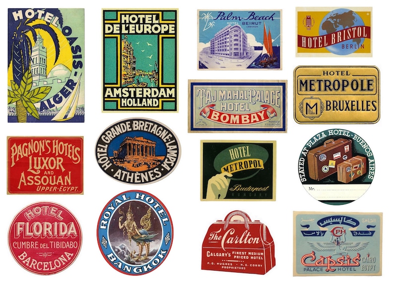 Printable Vintage Hotel Luggage Labels Digital Collage Sheet Travel ...