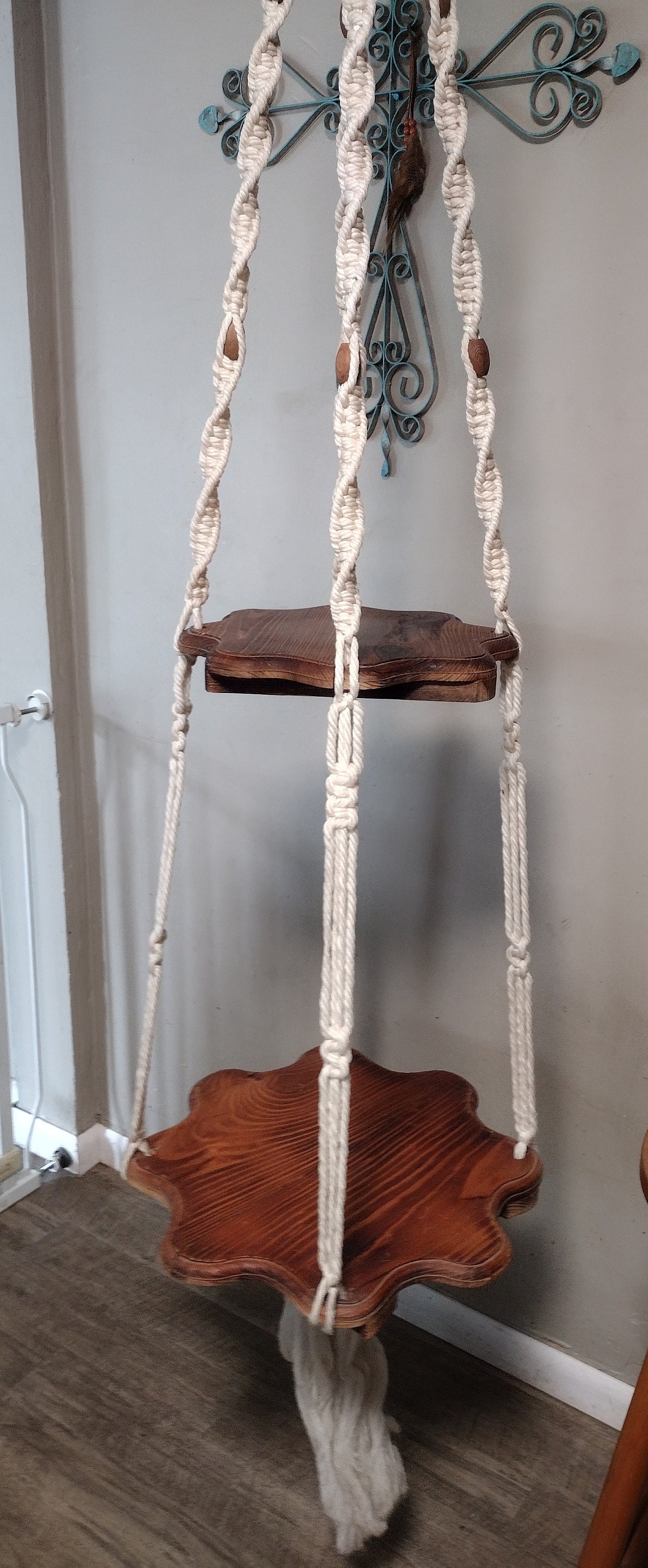 Vintage Macrame Double Hanging Wood Tables - Etsy