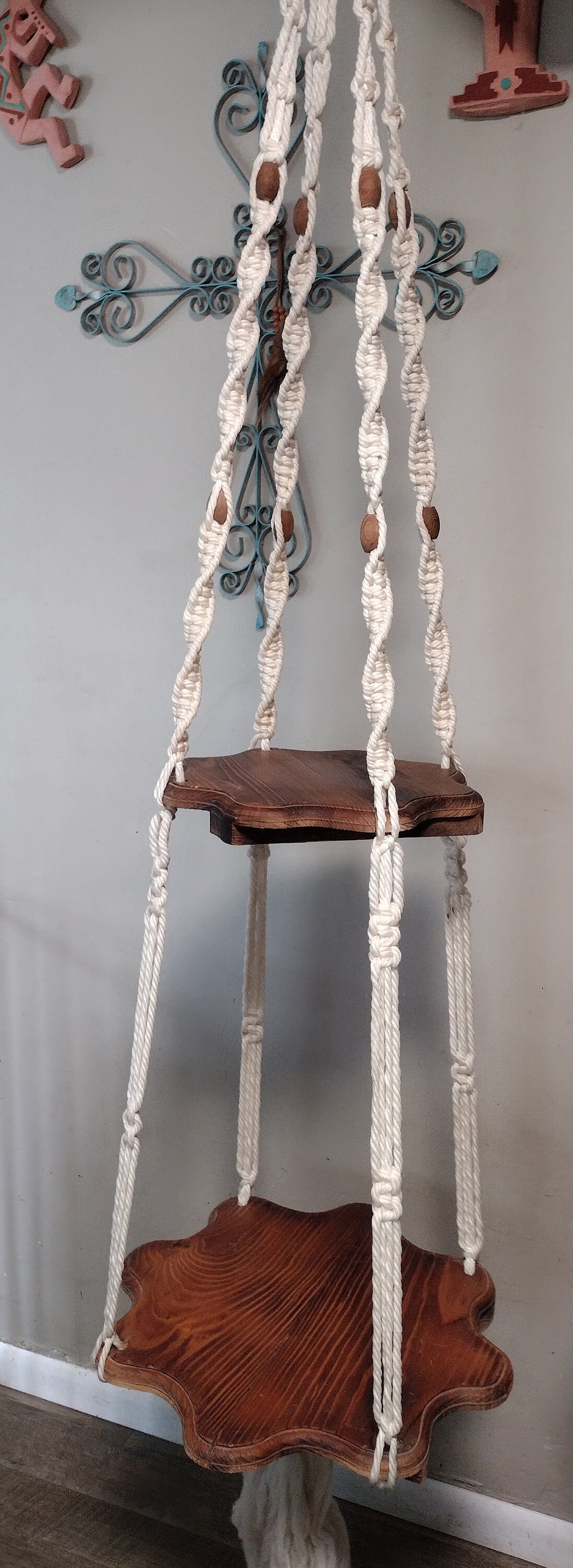 Vintage Macrame Double Hanging Wood Tables - Etsy