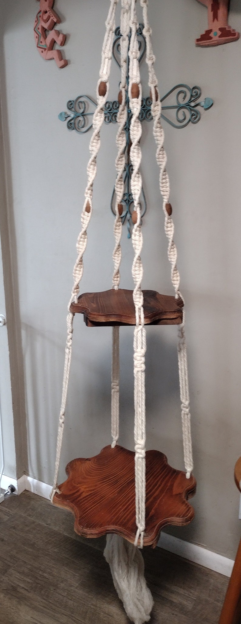 Vintage Macrame Double Hanging Wood Tables - Etsy
