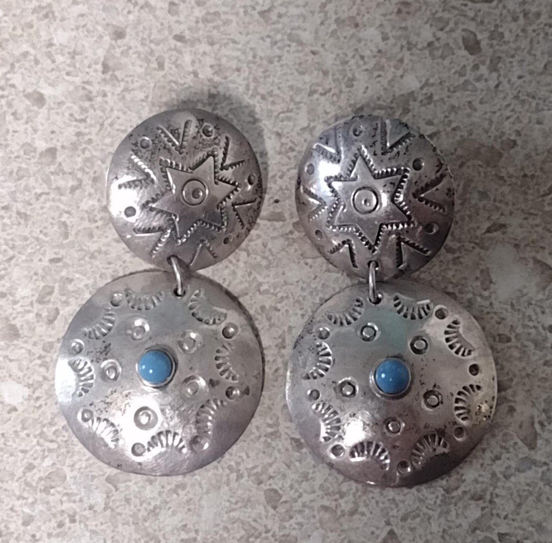 Vintage Concho Dangle Sterling Silver Turquoise Earrings Mexico TR-54 ...