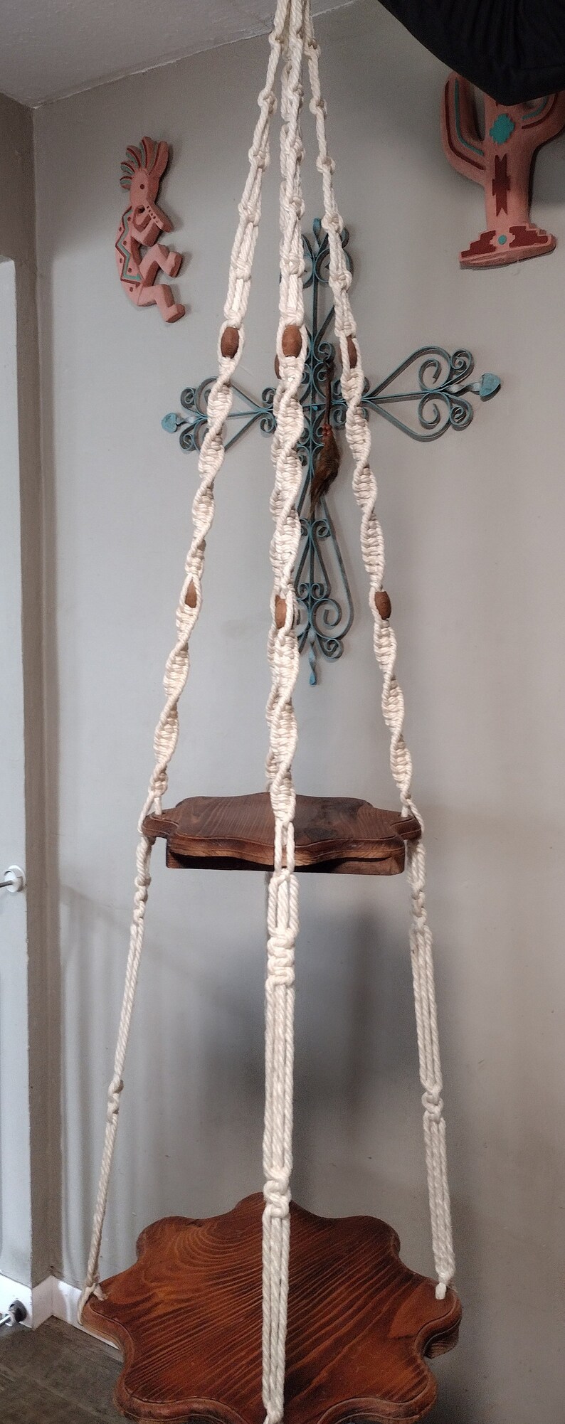 Vintage Macrame Double Hanging Wood Tables - Etsy