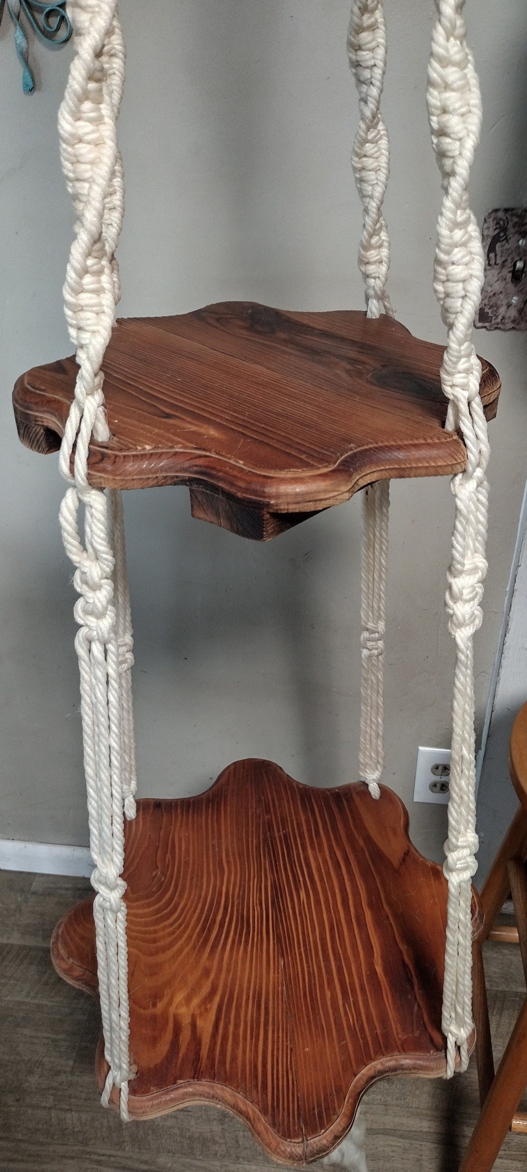 Vintage Macrame Double Hanging Wood Tables - Etsy