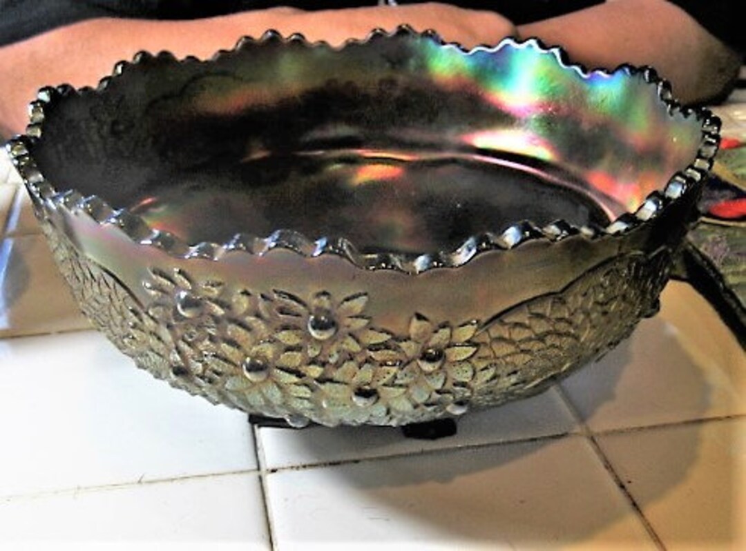 Genuine Carnival Glass Footed Fruit Bowl Beautiful Multicolor Luster ...