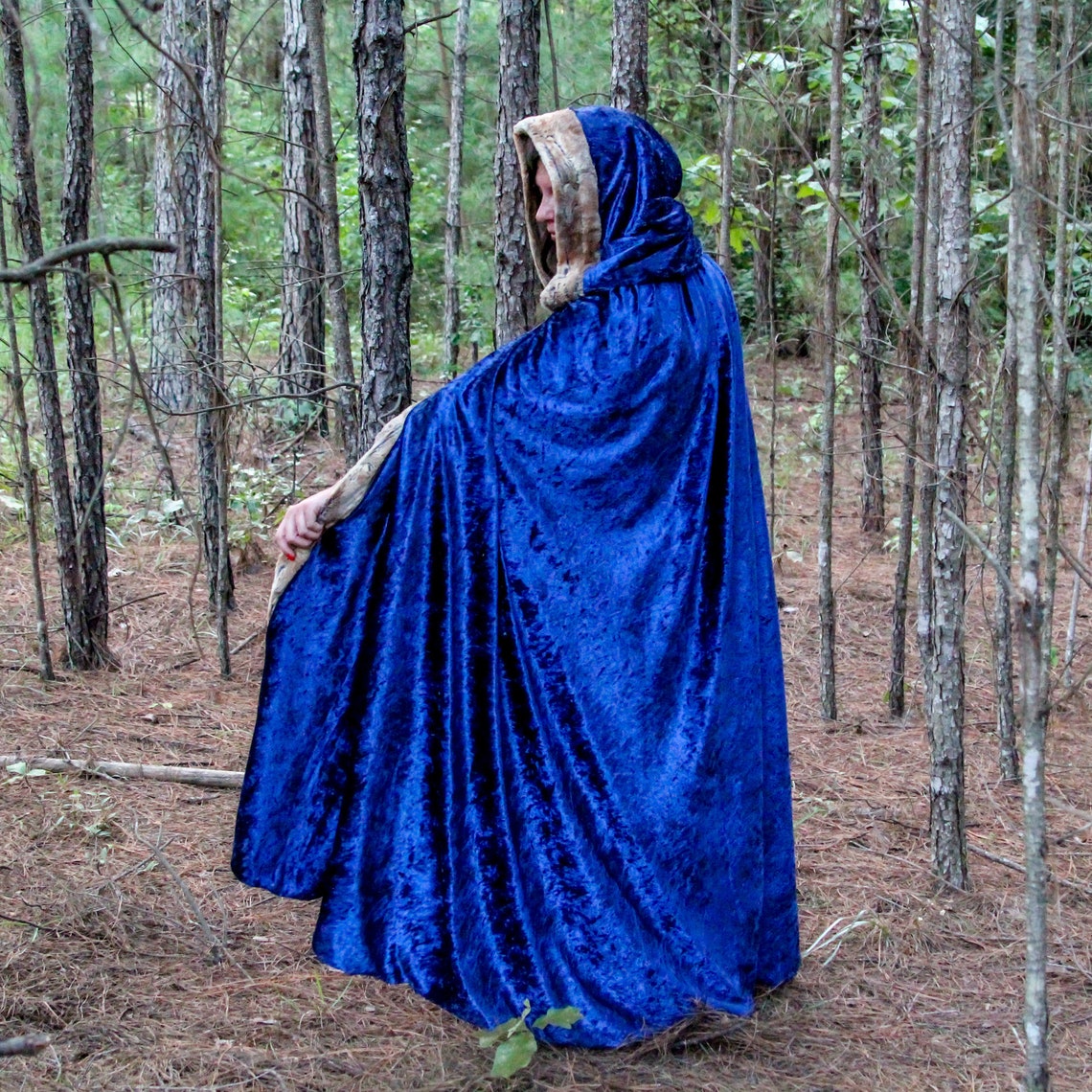 Faux Fox Fur Trimmed Hooded Cloak Navy Cloak With Red Fox - Etsy