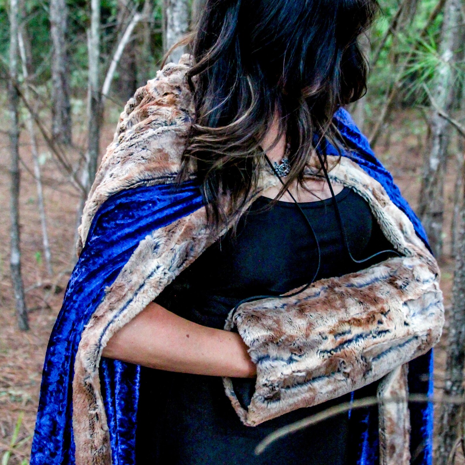 Faux Fox Fur Trimmed Hooded Cloak Navy Cloak With Red Fox - Etsy