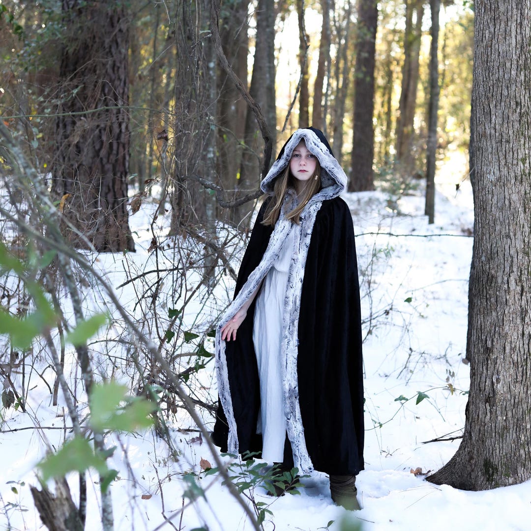 Faux Fox Fur Hooded Cloak - Black Cloak With Beige/pewter Fur ...