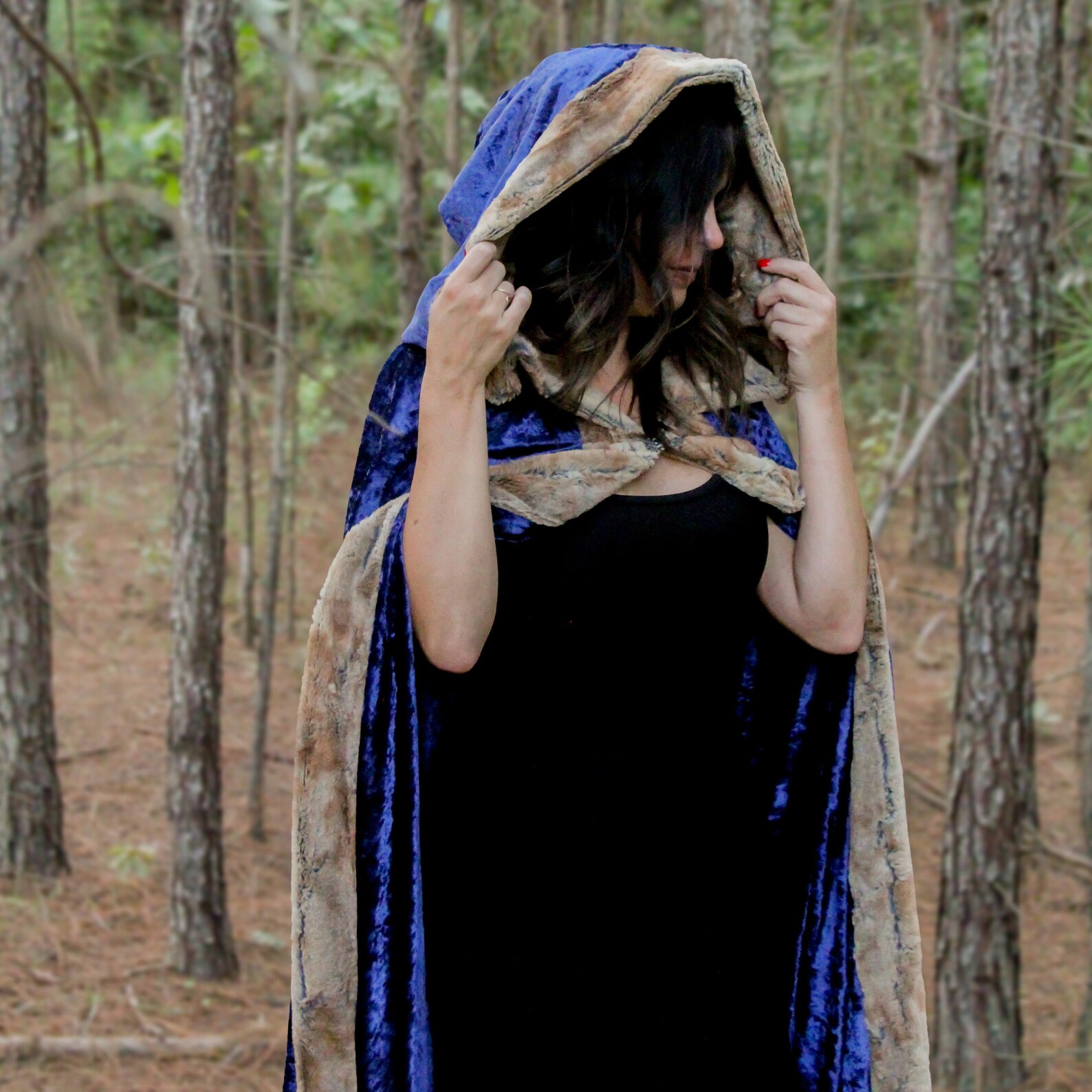 Faux Fox Fur Trimmed Hooded Cloak Navy Cloak With Red Fox - Etsy