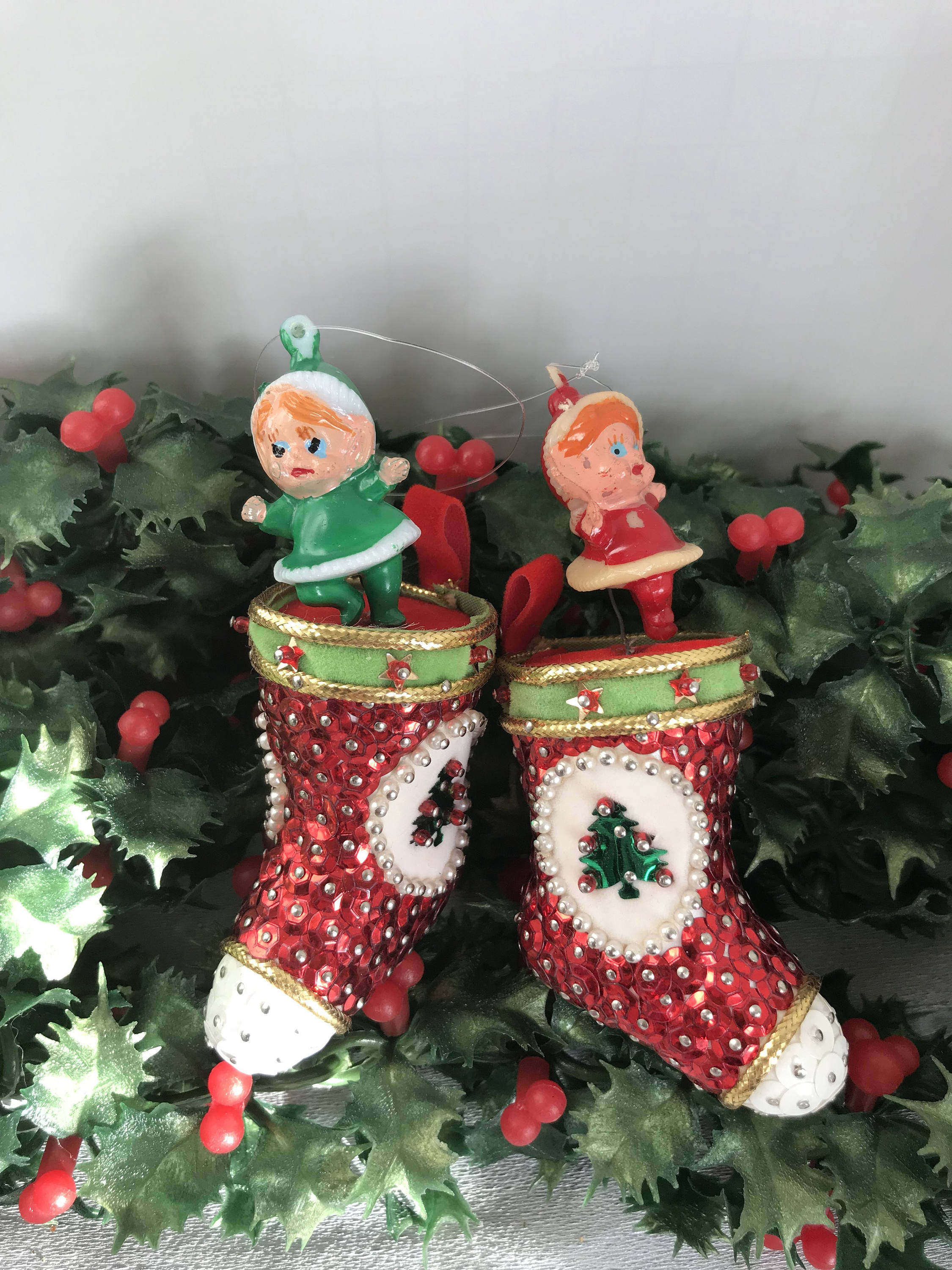 Vintage Beaded Sequined Christmas stocking Ornament set, Pixie Elf ...