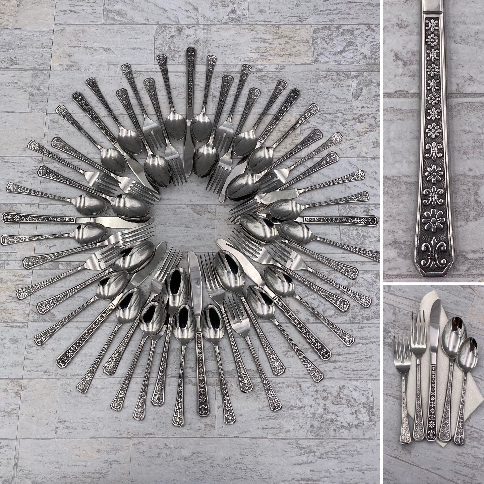 Mid Century Stainless Flatware set Florenz by Interpur Floral handle ...