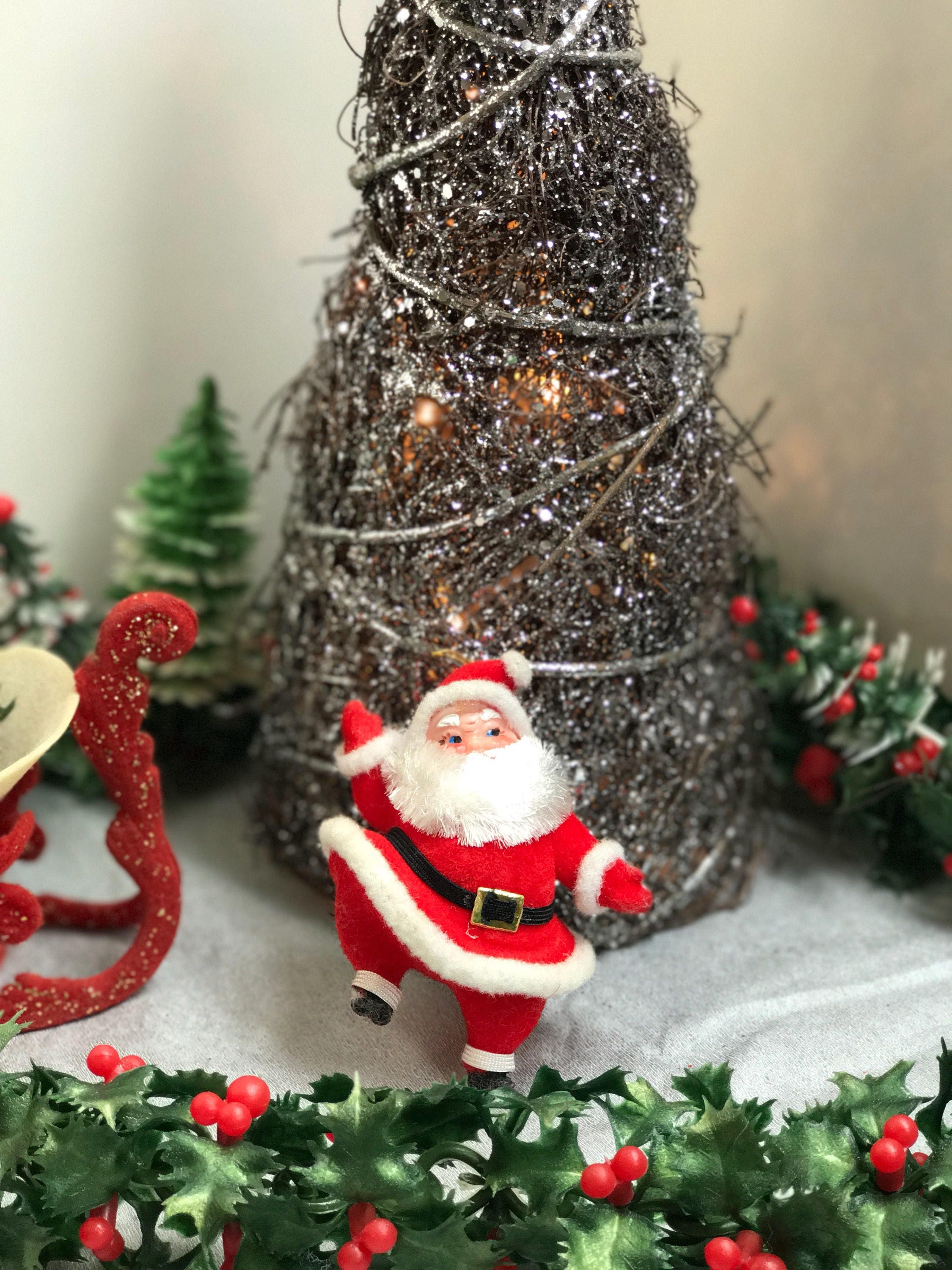 Vintage Dancing Santa ornament, red flocked Santa, mini Santa Figurine ...