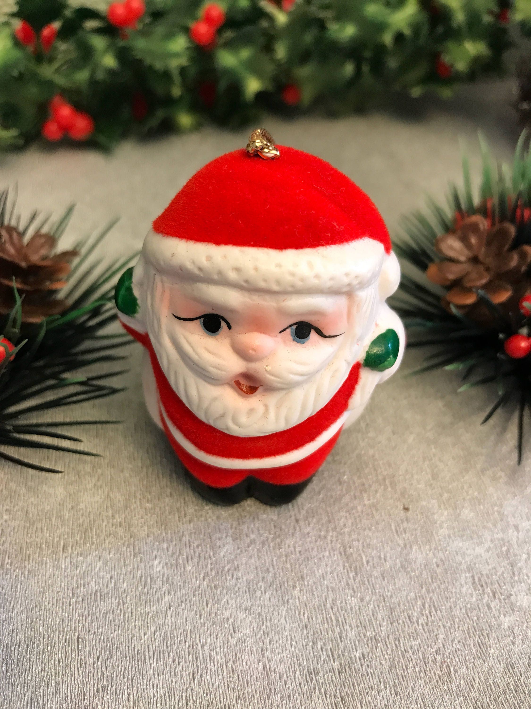 Vintage flocked Santa Bell Ornament, Porcelain bell Santa, Red flocked ...