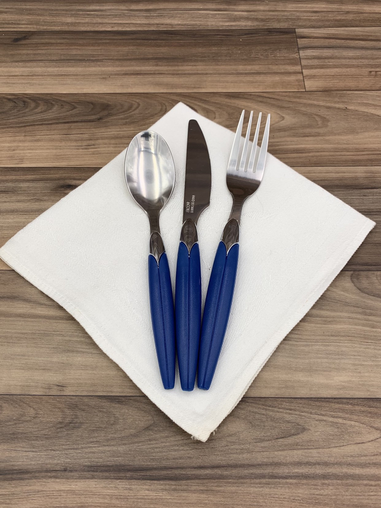 Vintage Flatware set Stainless Steel with Blue Plastic Handles Picnic ...