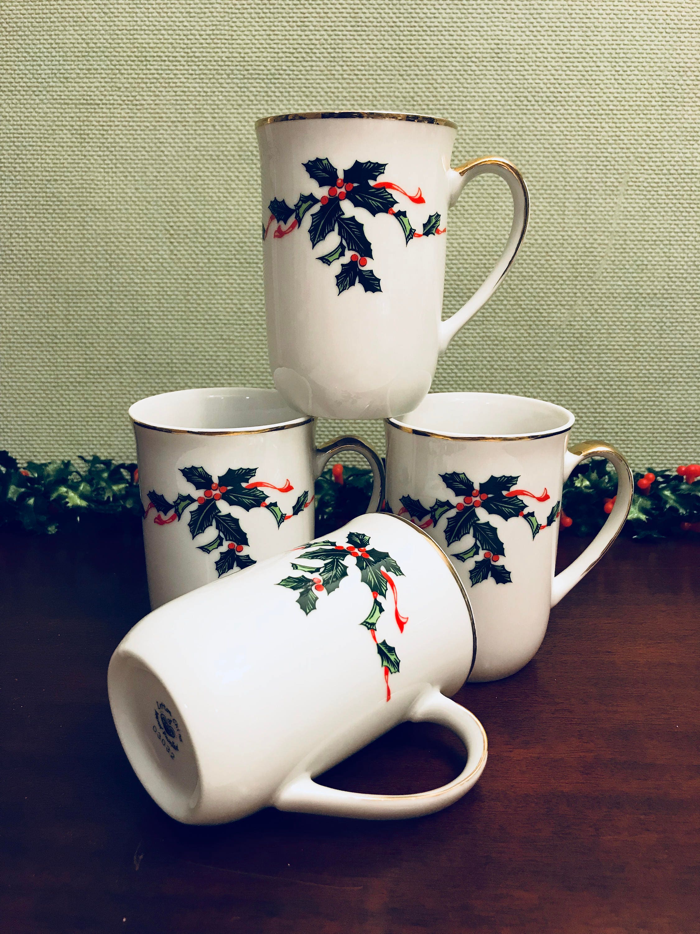 Vintage Holly Mugs, Holiday Lefton China Mugs set of 4, Porcelain Bough ...