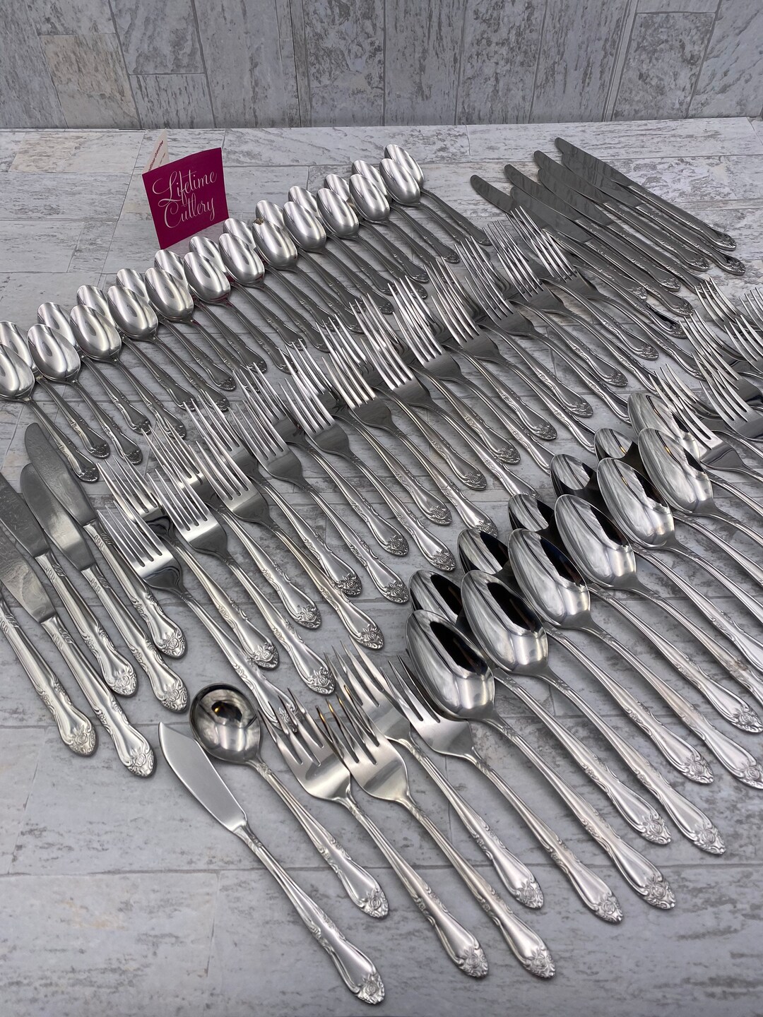 Vintage Stainless Flatware Set for 12: Golden Label Rose Design - Etsy