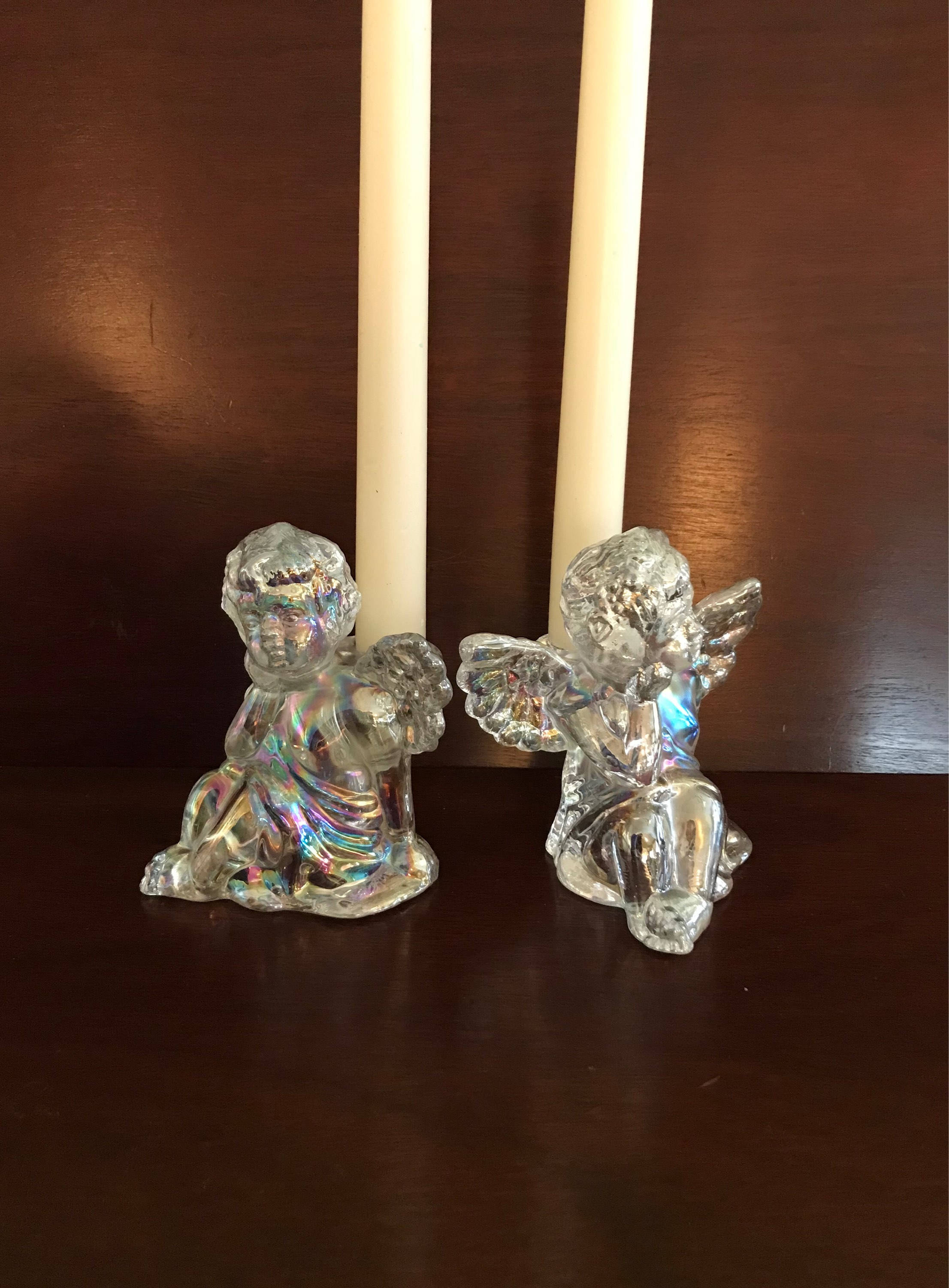 Vintage Cherub Candlestick Holders, Iridescent Glass Angel, Figural ...