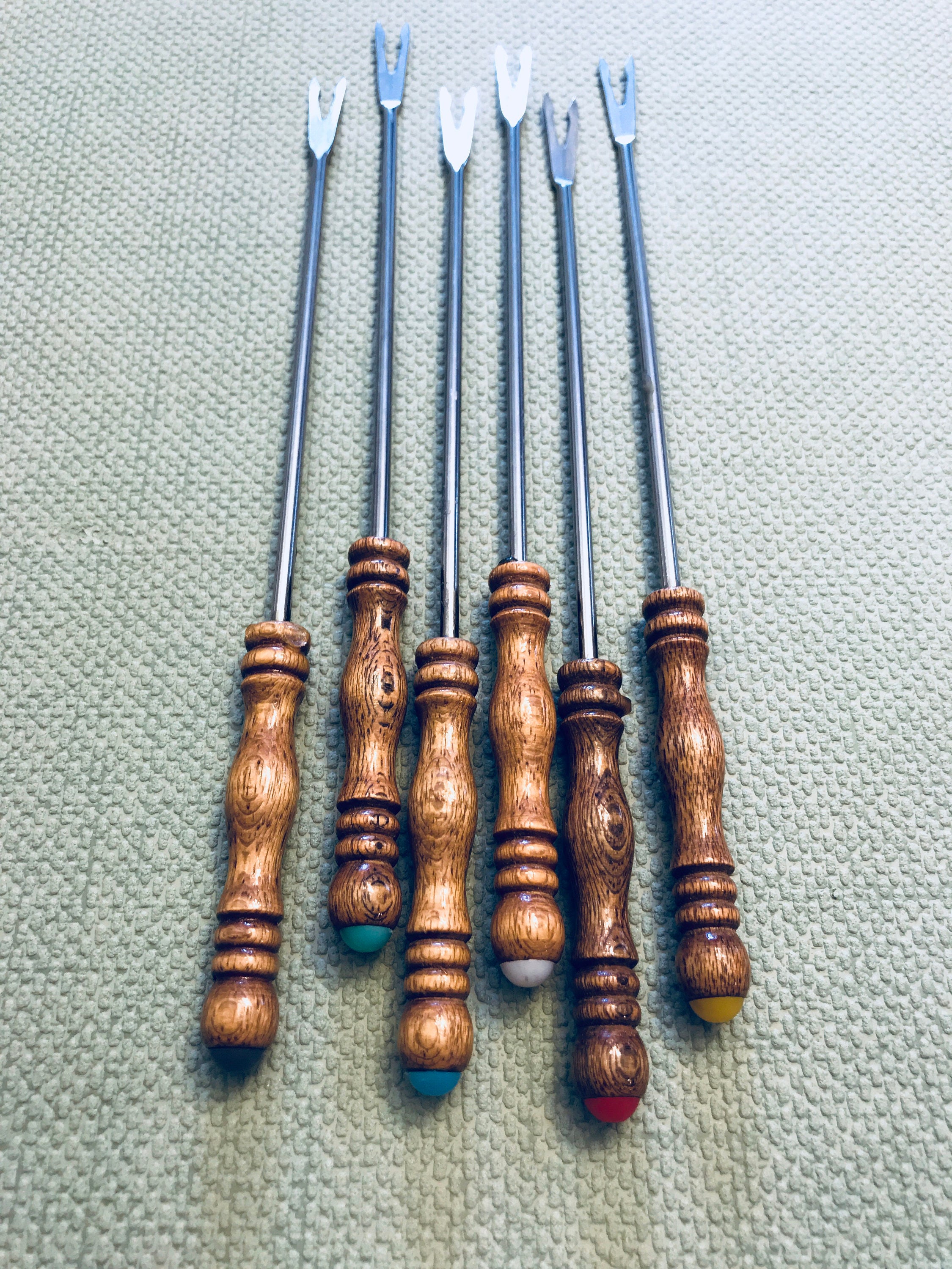 Vintage Fondue Forks, Turmed Wood Handles, stainless steel with Color ...