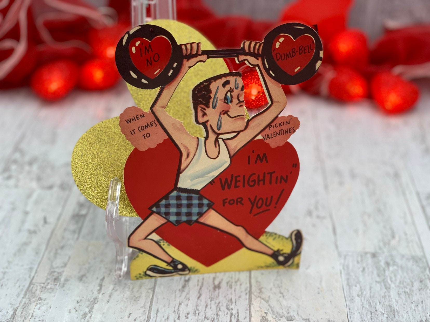 Vintage large Valentine card, Weight lifter Comic card, die cut ...