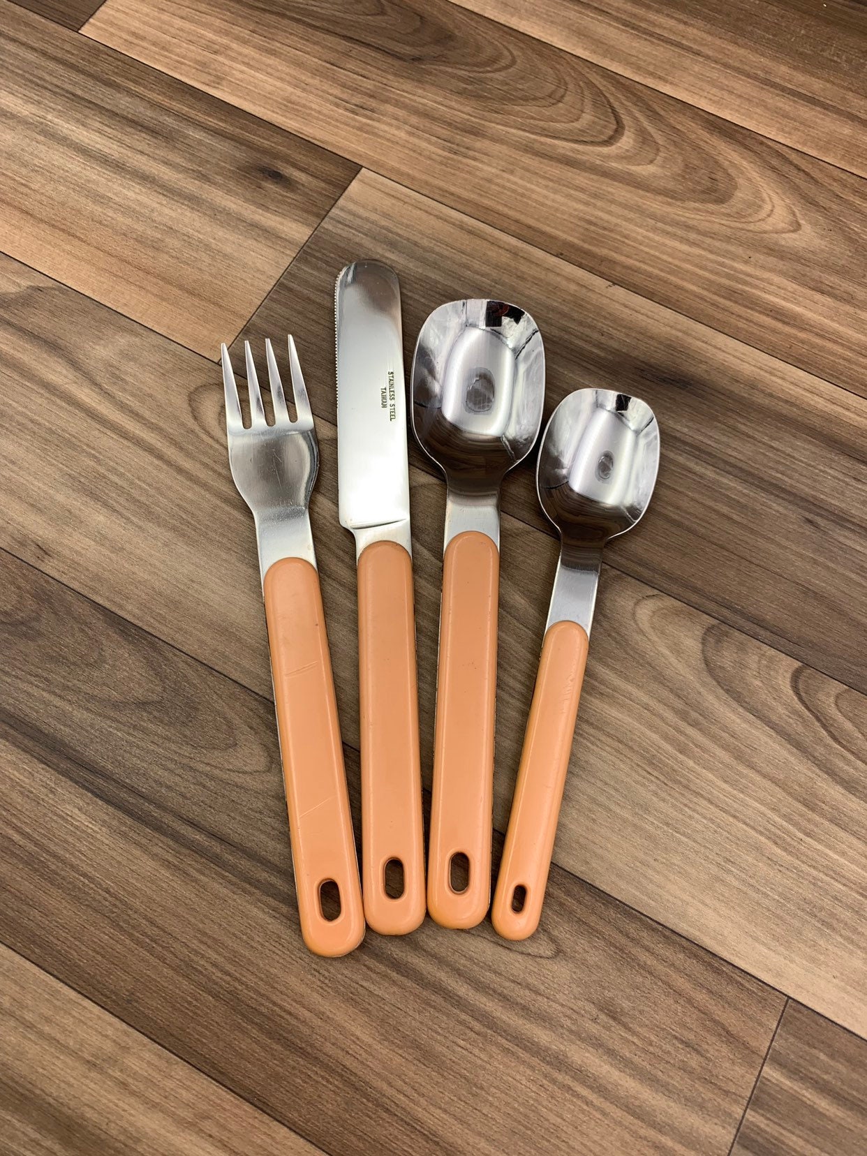Vintage Flatware set Stainless Steel and Peach Plastic Handles, pierced ...