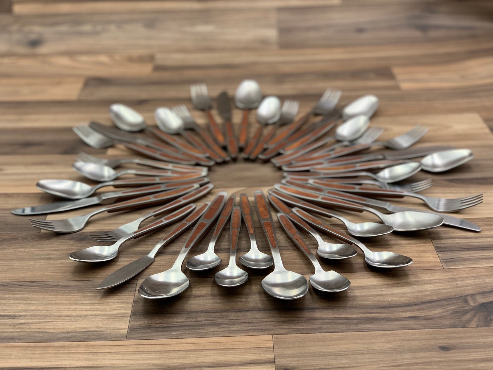 Vintage Flatware set with Brown Inset Handles, Stainless silverware set