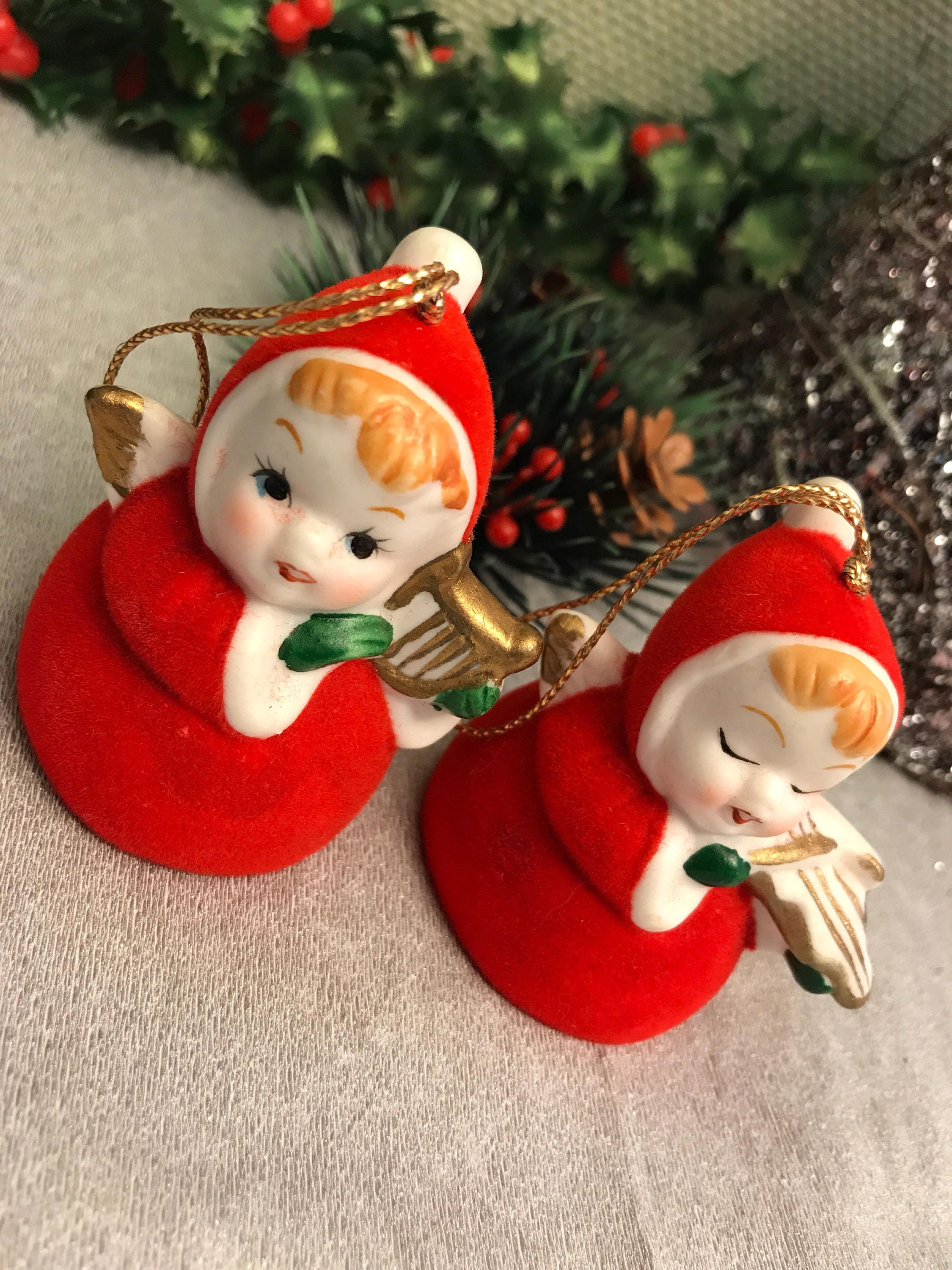Vintage flocked Angel Bell Ornaments, Porcelain bell Angels, Red ...