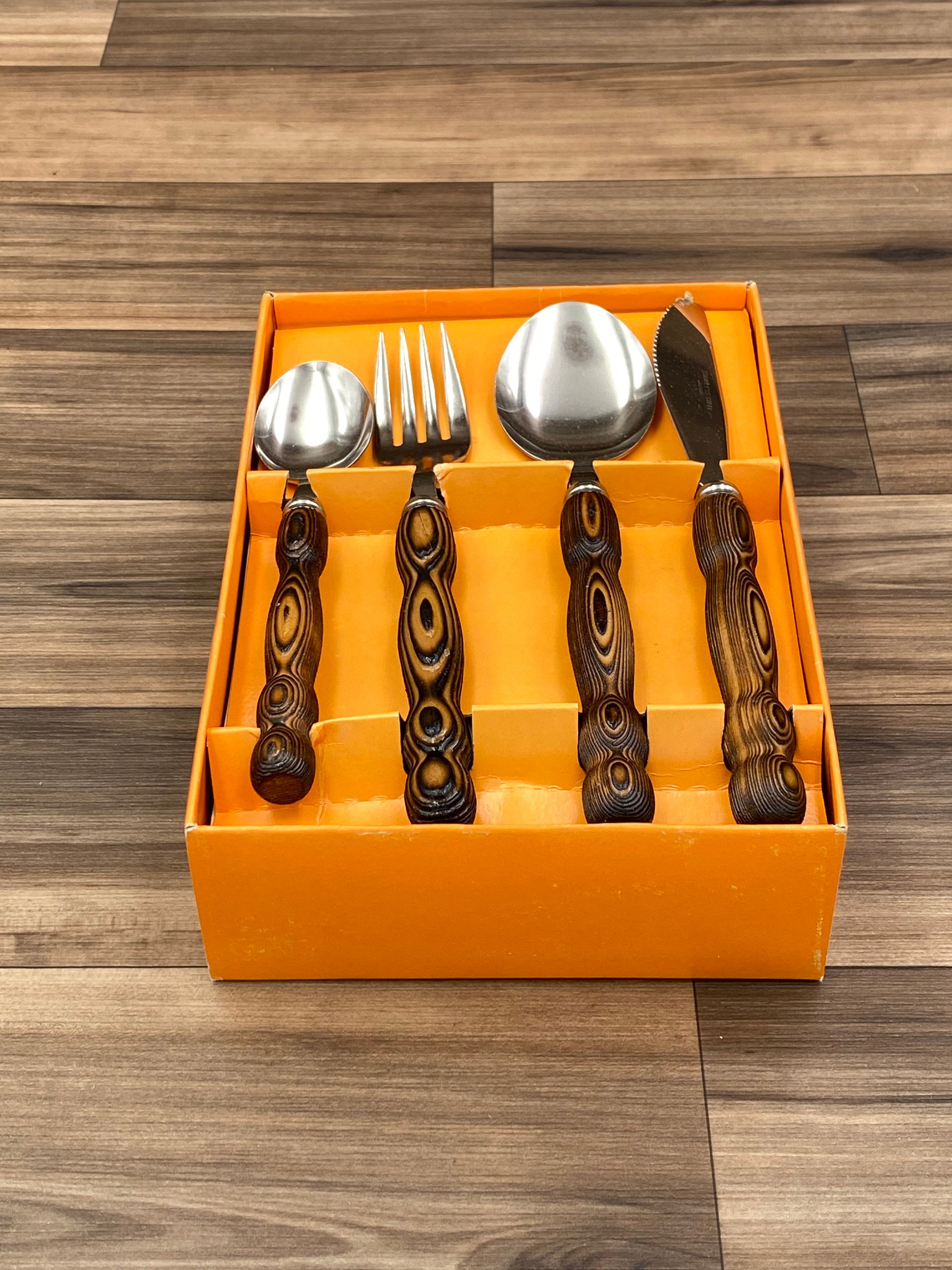 Country style Flatware set Retro Burned Wood Handle silverware Rustic ...